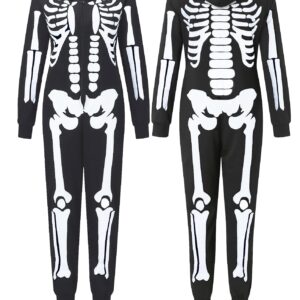 CYCLAMEN Skeleton Halloween Costume for Adults Couples Skeleton Onesie Jumpsuit Pajamas with Hood Family, for Women, S