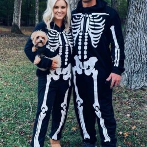 CYCLAMEN Skeleton Halloween Costume for Adults Couples Skeleton Onesie Jumpsuit Pajamas with Hood Family, for Women, S