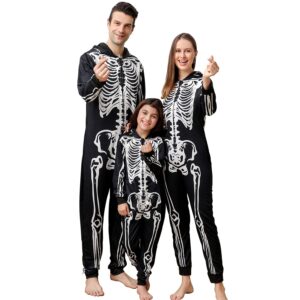 angelggh family matching halloween onesie pajamas, funny skeleton printed hooded zipper pjs loungewear for men/women/kids (kids, 8-10t, skull)