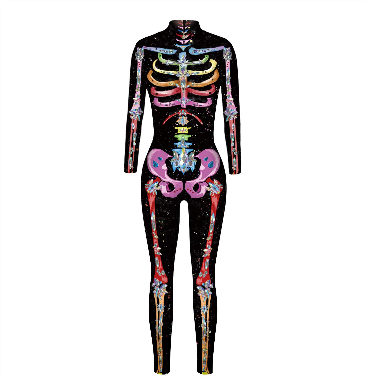 Alidamo Womens 3D Halloween Cosplay Skull Skeleton Jumpsuit Bodysuit Colorful Skull,BAX-083,XL