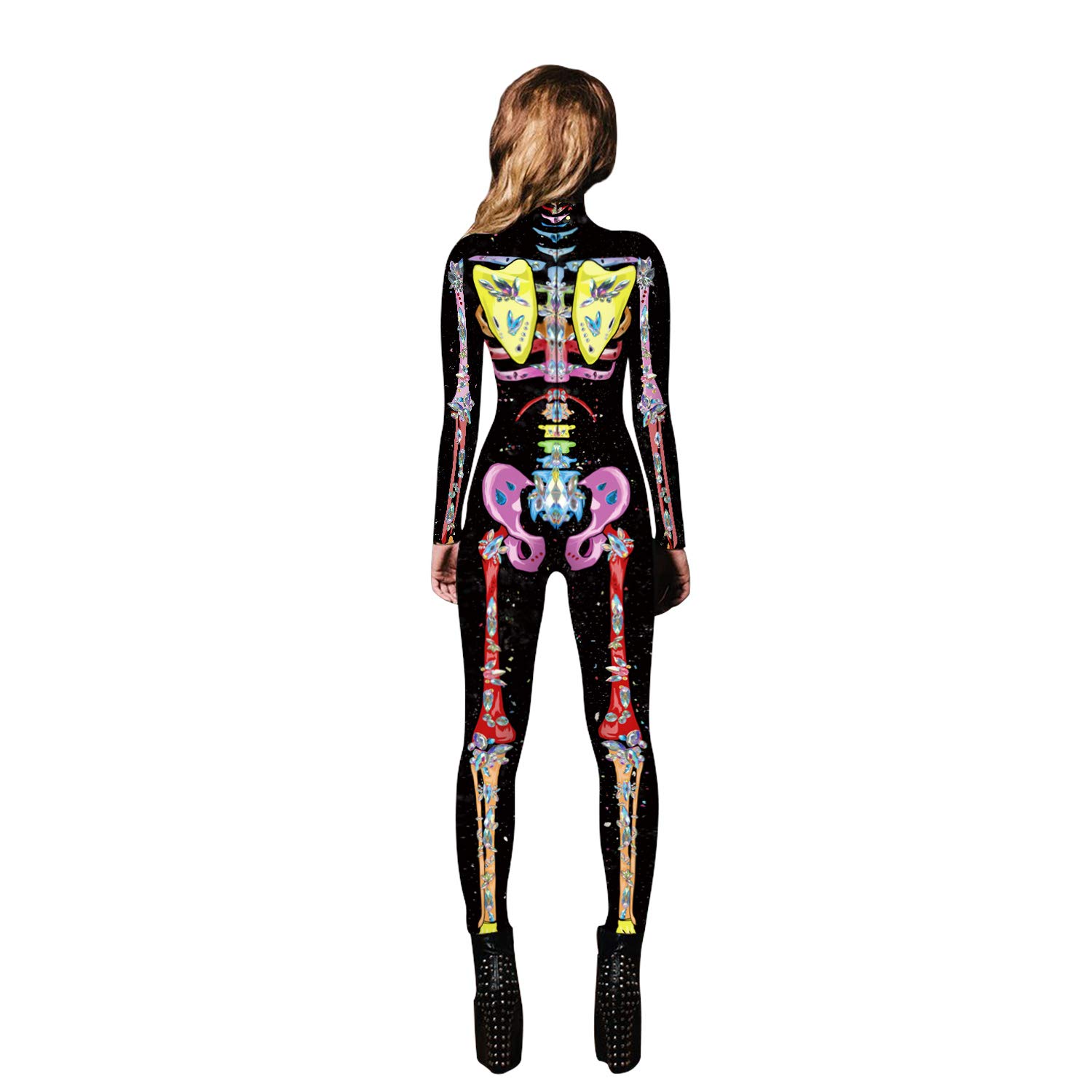 Alidamo Womens 3D Halloween Cosplay Skull Skeleton Jumpsuit Bodysuit Colorful Skull,BAX-083,XL