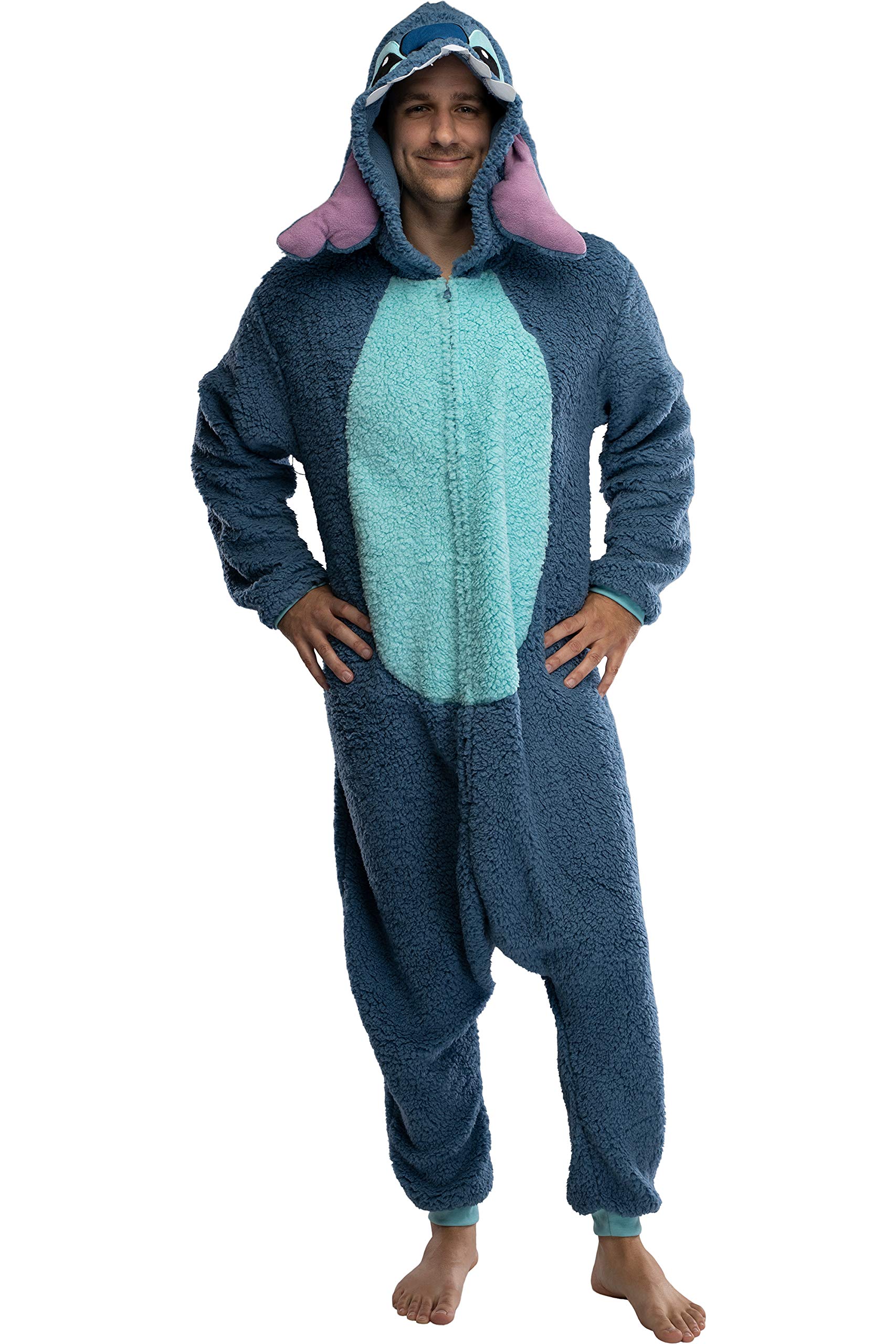 Disney Lilo & Stitch Adult Stitch Kigurumi Cosplay Costume Sherpa Union Suit Pajama Outfit (L/XL) Blue