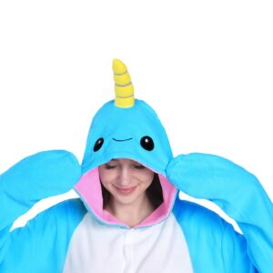 dressfan Animal Narwhal Onesie Pajamas Hooded Halloween Cosplay Costume Christmas Pajamas for Family Adult Women Blue