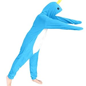 dressfan Animal Narwhal Onesie Pajamas Hooded Halloween Cosplay Costume Christmas Pajamas for Family Adult Women Blue