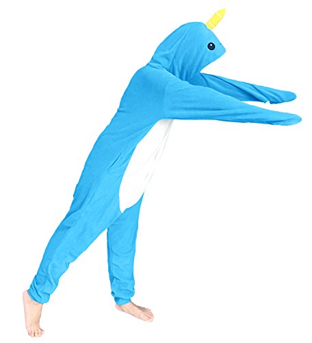 dressfan Animal Narwhal Onesie Pajamas Hooded Halloween Cosplay Costume Christmas Pajamas for Family Adult Women Blue