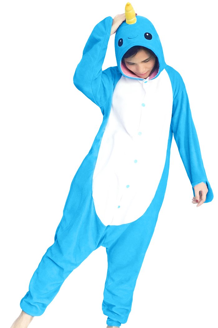 dressfan Animal Narwhal Onesie Pajamas Hooded Halloween Cosplay Costume Christmas Pajamas for Family Adult Women Blue