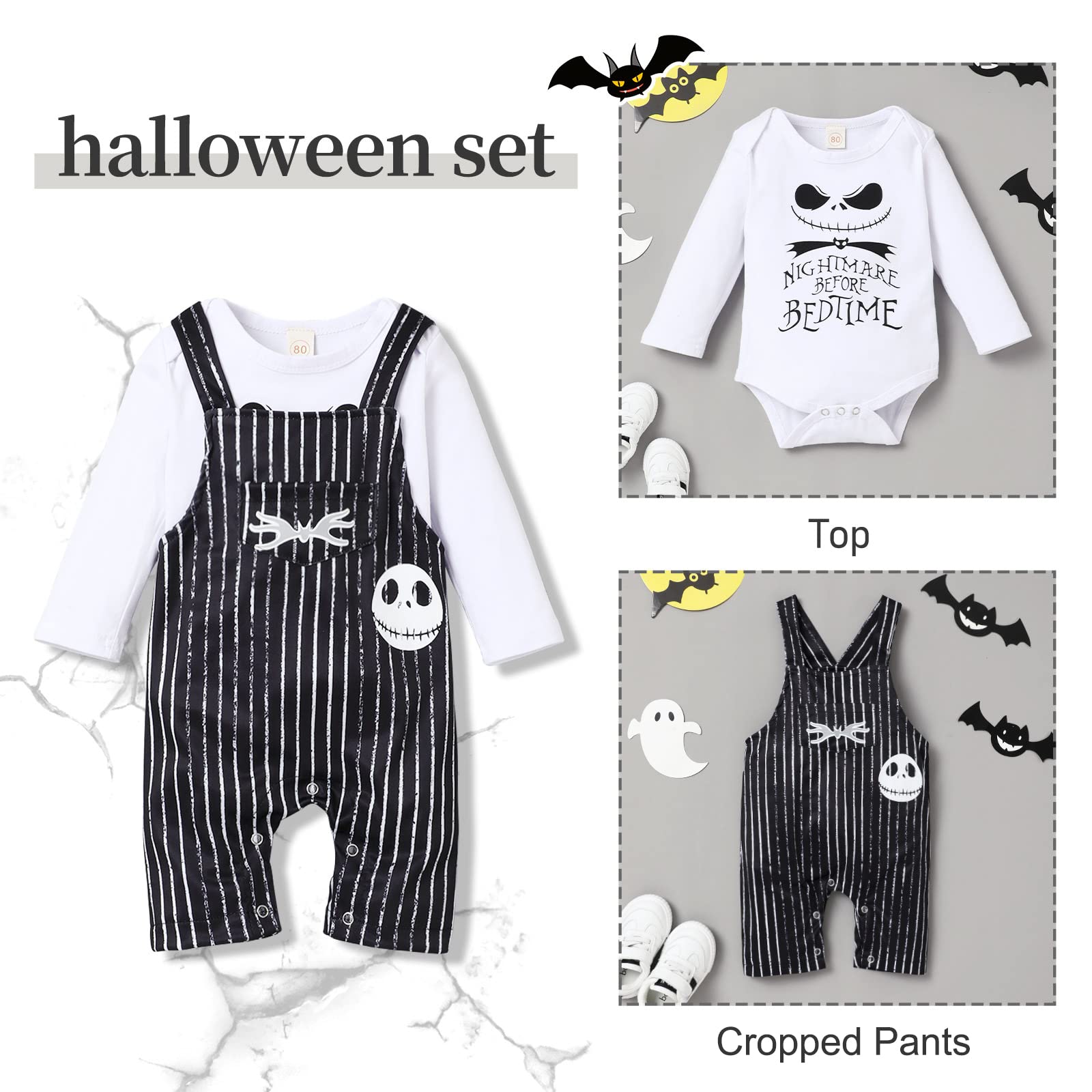 Crazyme Baby Boy Girl Clothes 2PCs Outfit Set Nightmare Before Bedtime Skull Christmas Clothing Set (Boy Black, 6-9 Months)