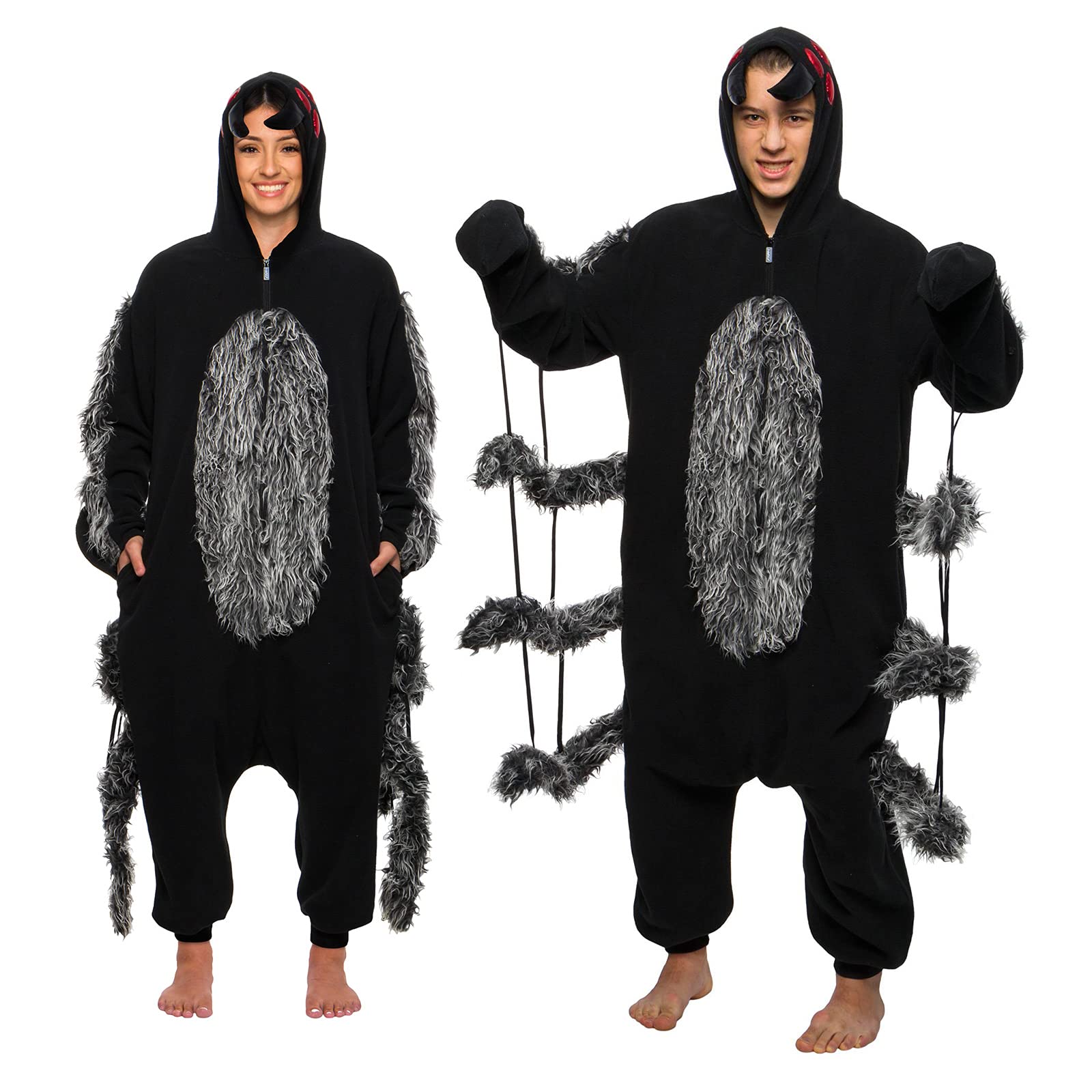 FUNZIEZ! Adult Black Widow Spider Costume -Furry Tarantula Pj's (Black, Medium)