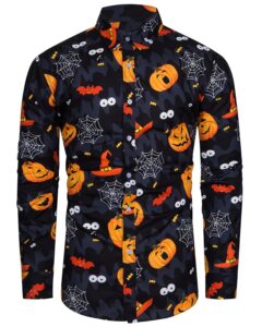 tunevuse mens halloween long sleeve shirt scary pumpkin casual button up shirt funny bat costumes for adult black 3x-large