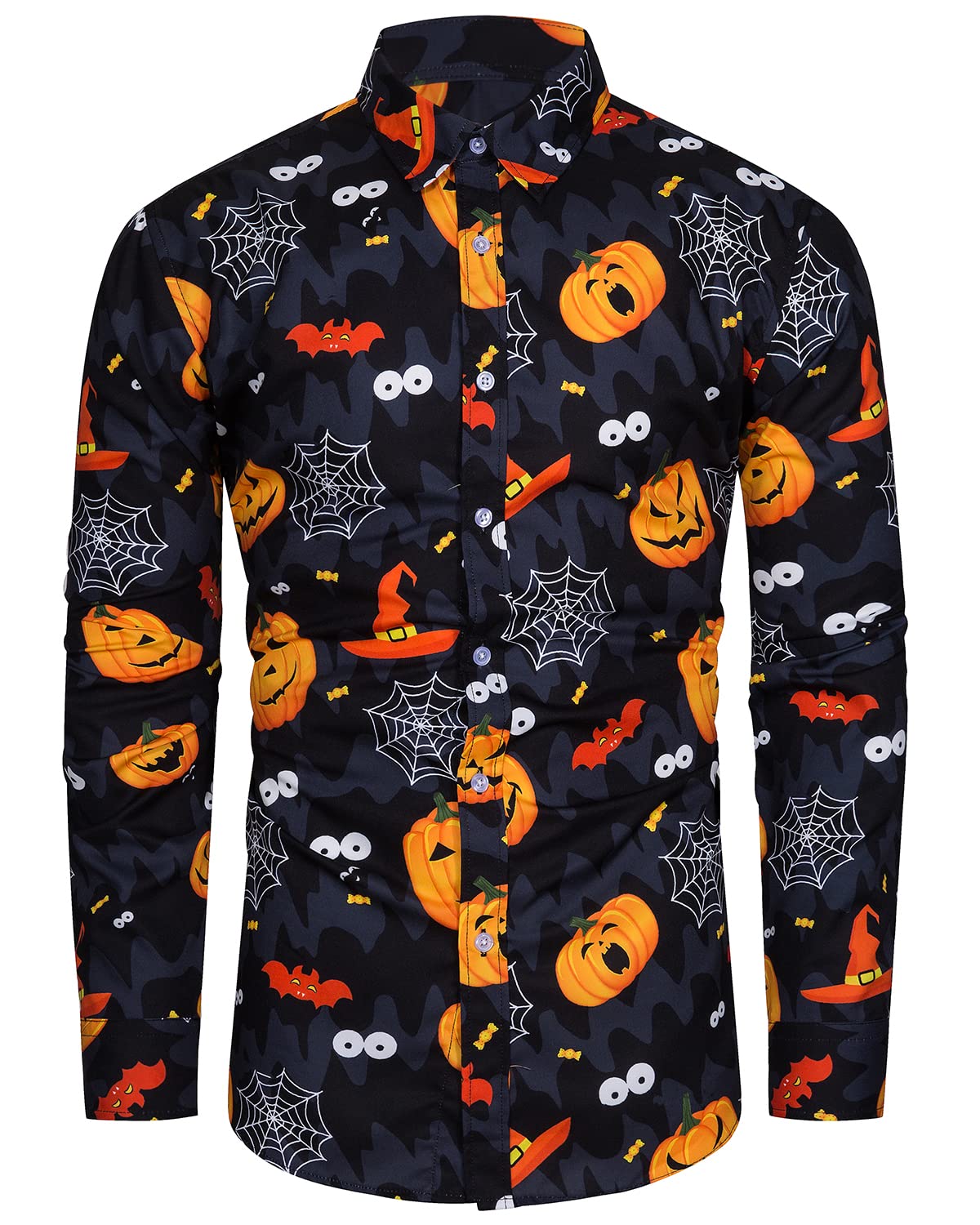 TUNEVUSE Mens Halloween Long Sleeve Shirt Scary Pumpkin Casual Button Up Shirt Funny Bat Costumes for Adult Black 3X-Large