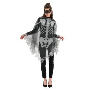 kinhowly women's halloween costumes, halloween skeleton cape poncho for women gifts,includes halloween masquerade mask (black)