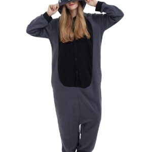 SimZoo Adult Animal Onesie Pajamas, Men and Women's Grey Raccoon Cosplay Costume Sleepwear, One-Piece Unisex Homewear Medium