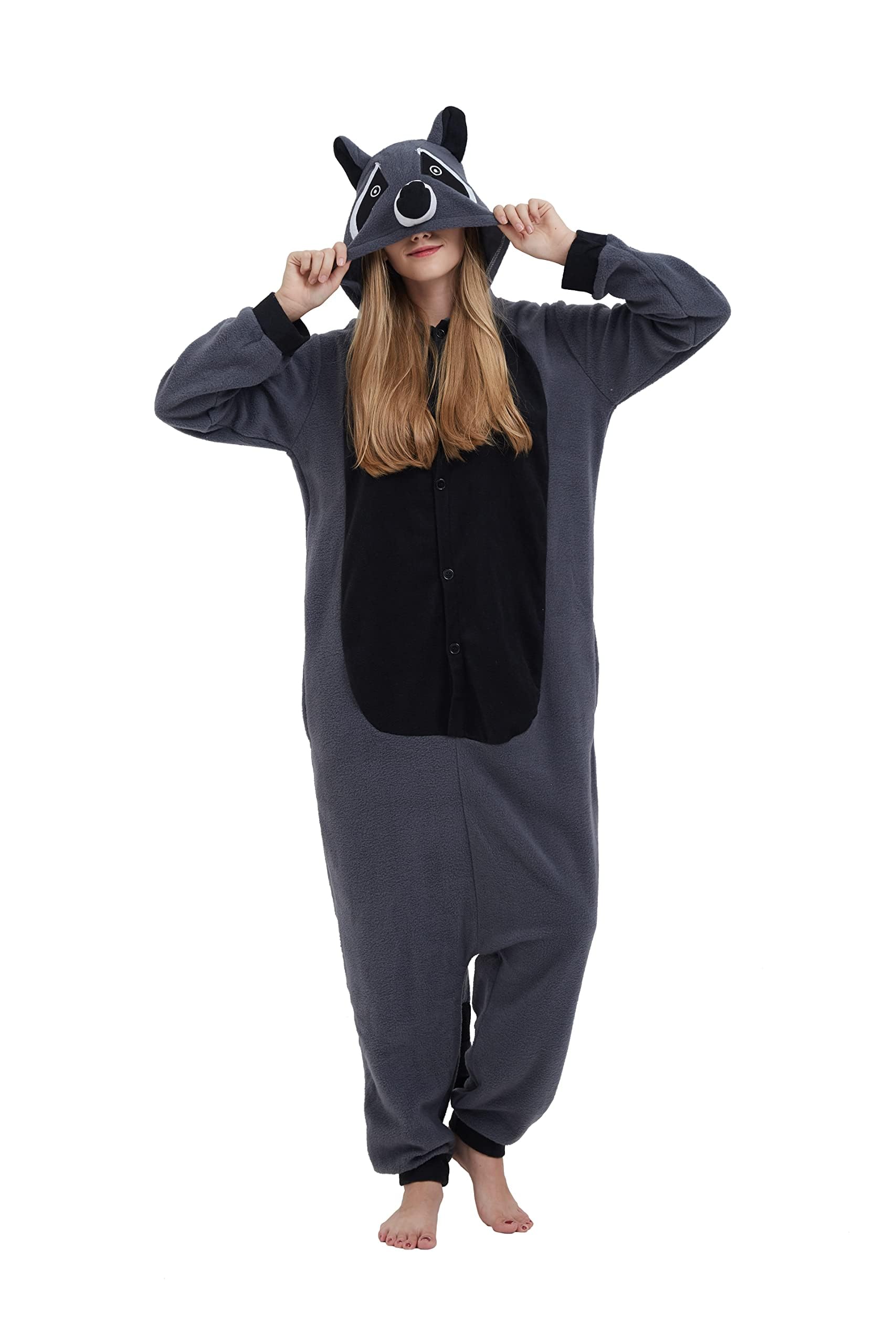 SimZoo Adult Animal Onesie Pajamas, Men and Women's Grey Raccoon Cosplay Costume Sleepwear, One-Piece Unisex Homewear Medium