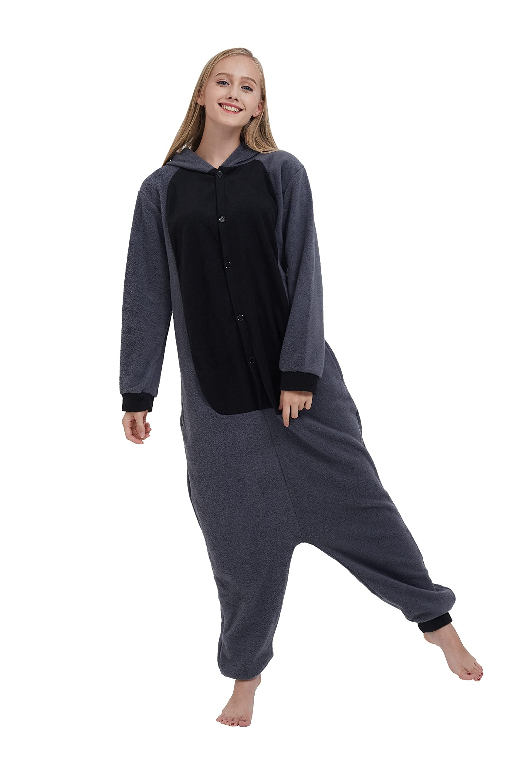 SimZoo Adult Animal Onesie Pajamas, Men and Women's Grey Raccoon Cosplay Costume Sleepwear, One-Piece Unisex Homewear Medium