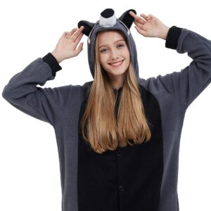 SimZoo Adult Animal Onesie Pajamas, Men and Women's Grey Raccoon Cosplay Costume Sleepwear, One-Piece Unisex Homewear Medium