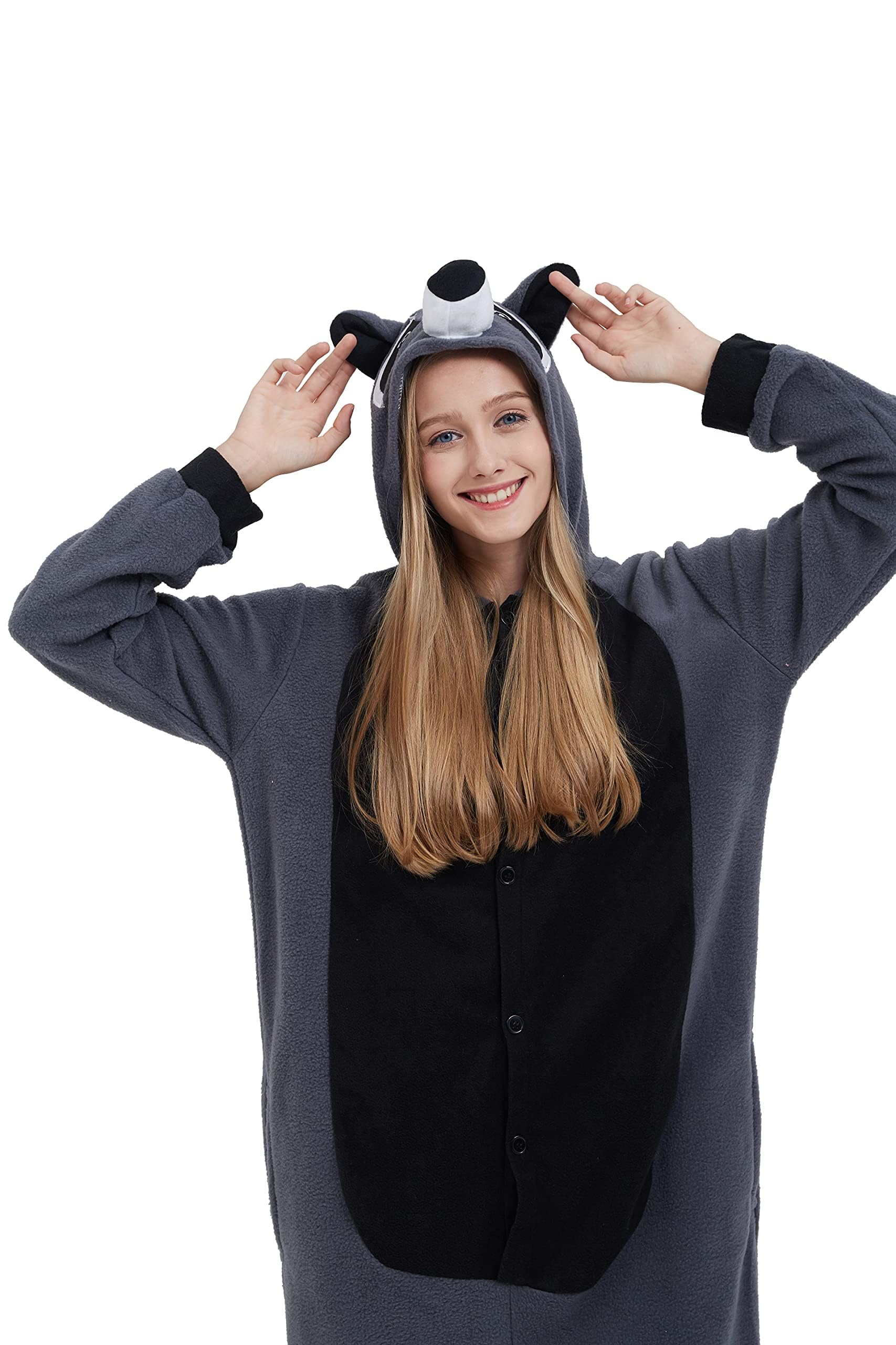 SimZoo Adult Animal Onesie Pajamas, Men and Women's Grey Raccoon Cosplay Costume Sleepwear, One-Piece Unisex Homewear Medium