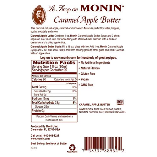 Monin - Caramel Apple Butter Syrup, Buttery Caramel and Cooked Apple Flavor, Natural Flavors, Great for Hot Lattes, Ciders, and Seasonal Cocktails, Non-GMO, Gluten-Free (750 ml)