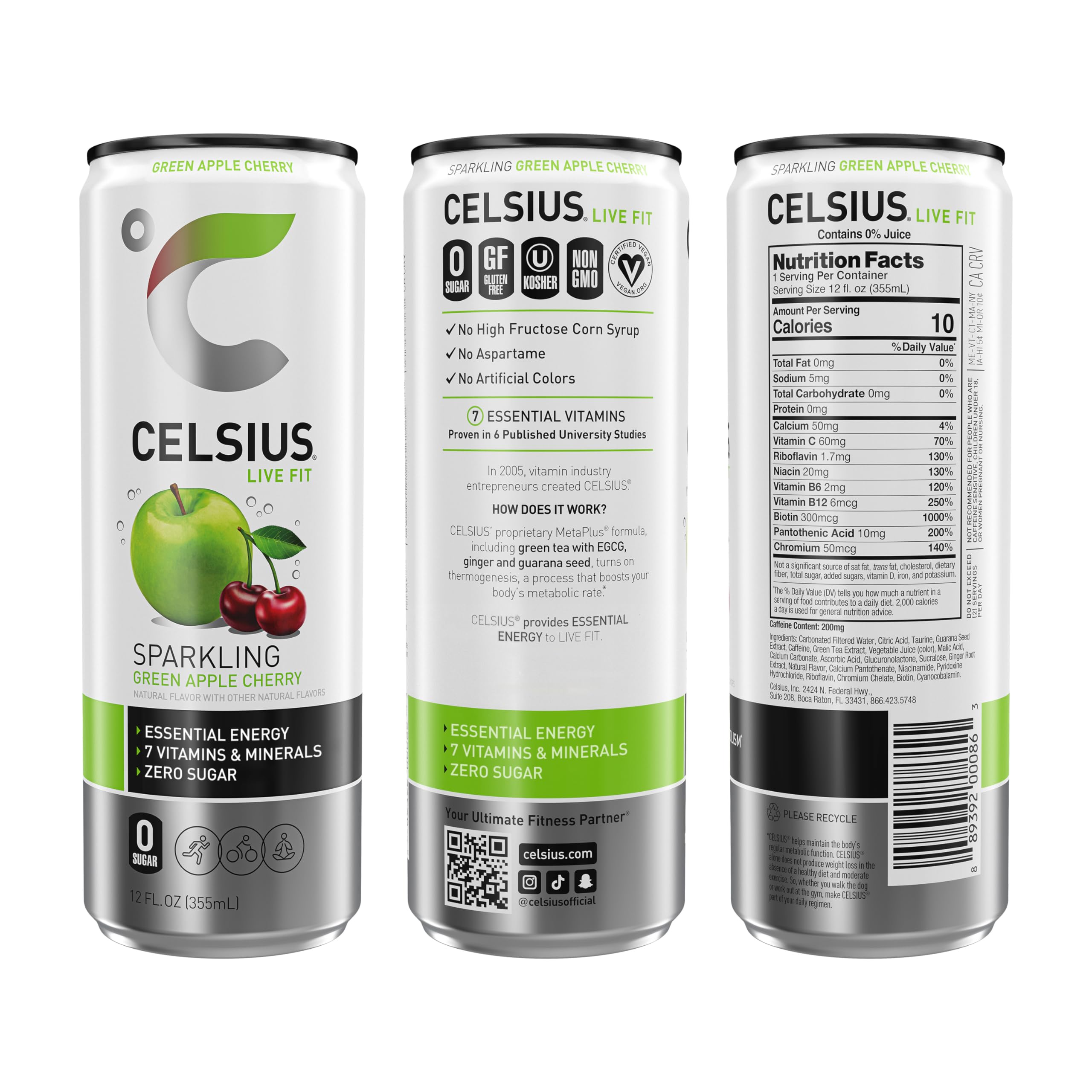 CELSIUS Sparkling Green Apple Cherry, Functional Essential Energy Drink, 12 Fl Oz (Pack of 12)