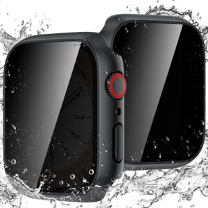 goton waterproof privacy case for apple watch series 9 8 7 6 5 4 se ultra 40mm 44mm 41mm 45mm 49mm, hard pc bumper tempered glass screen protector for iwatch cover accessories, 45mm blackblack