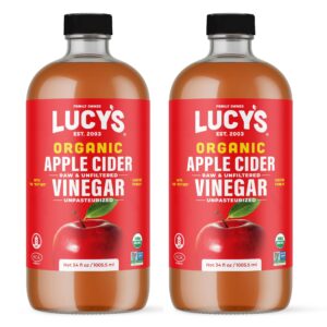 lucy's family owned - usda organic nongmo raw apple cider vinegar, unfiltered, unpasteurized, with the mother, 34oz glass bottle (2 pack)