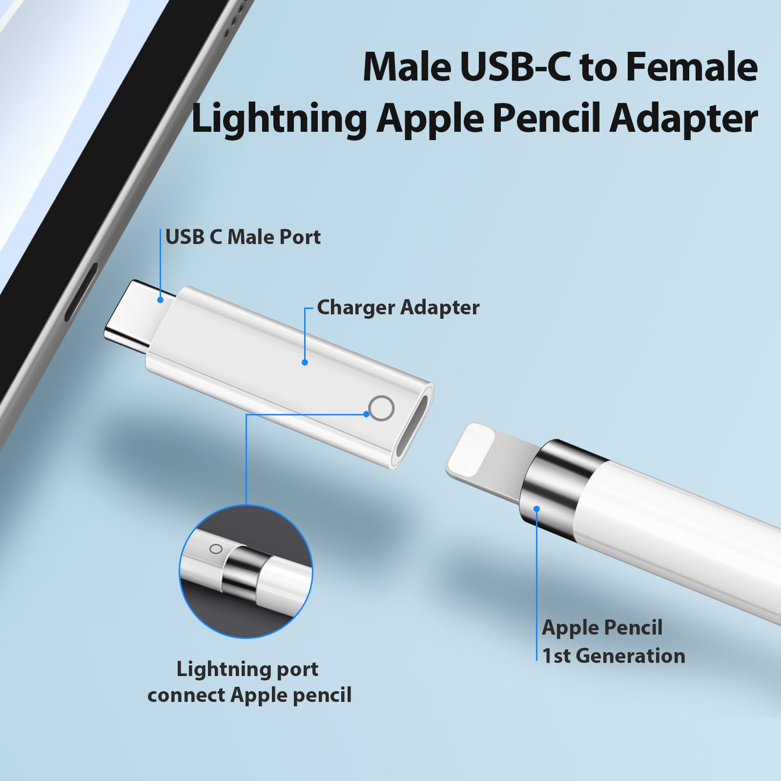 USB-C to Pencil Adapter Compatible with Apple Pencil 1st Generation USB-C to for Lightning Connector Charging Adapter for iPad 10th Gen Bluetooth Pair Male to Female Adapter Connector for Apple Pen