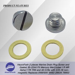 HeuroFosh 2 PCS 79953Q04 Marine Lower Unit Oil Drain Plug Screw and Gasket Fit Mercury MerCruiser I R MR Alpha 1 TR TRS and All O/Bs with 3/8-16 non-magnetic Replaces 816610A1 28634 79953 18-2244