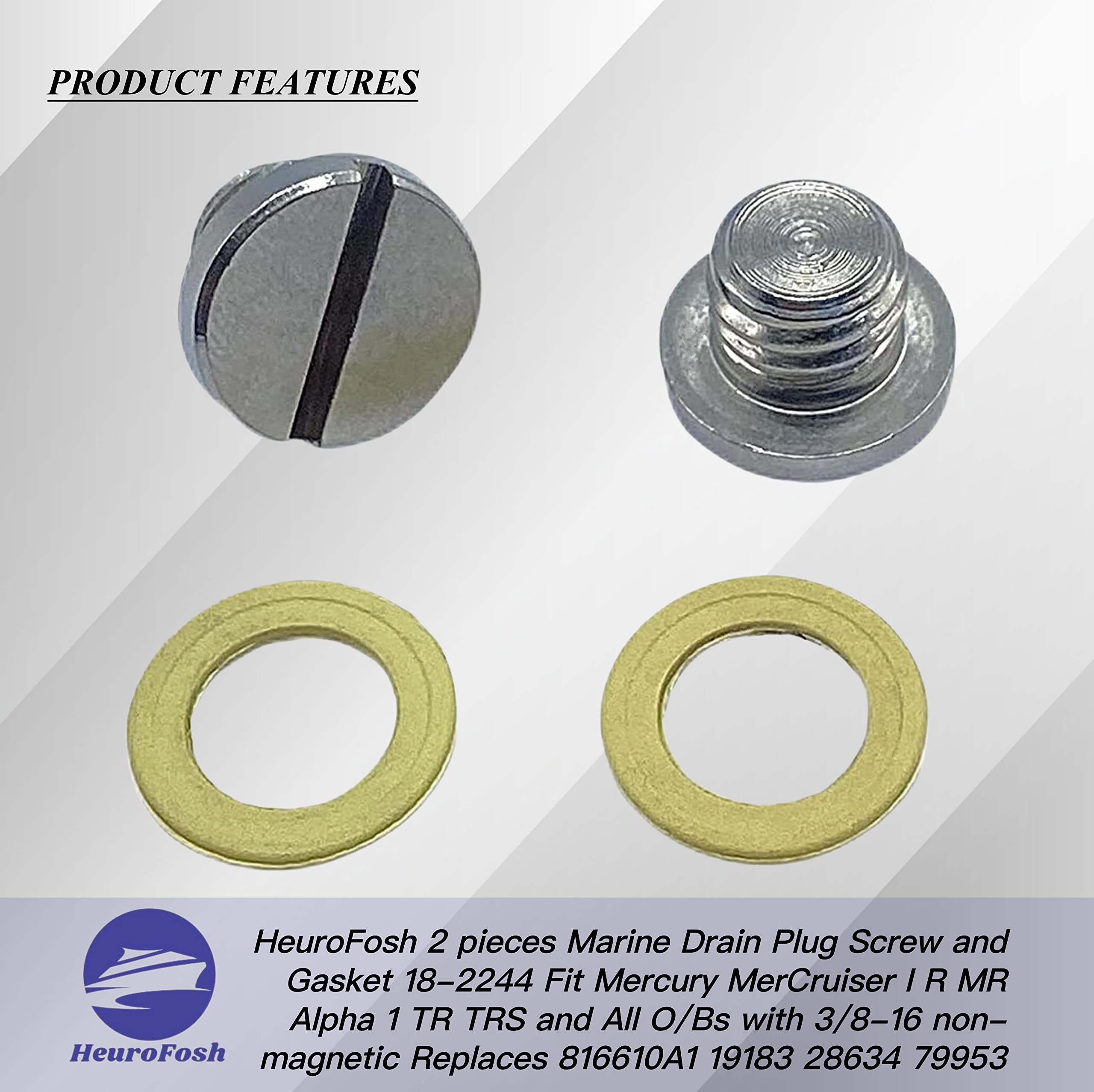 HeuroFosh 2 PCS 79953Q04 Marine Lower Unit Oil Drain Plug Screw and Gasket Fit Mercury MerCruiser I R MR Alpha 1 TR TRS and All O/Bs with 3/8-16 non-magnetic Replaces 816610A1 28634 79953 18-2244