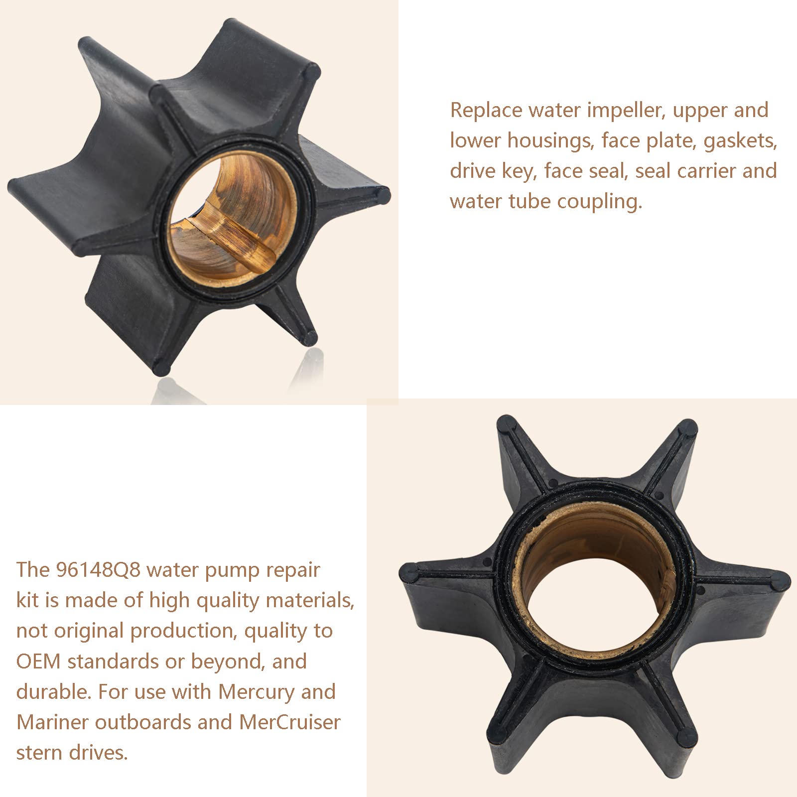 Water Pump Impeller Kit 96148Q8 Water Pump Repair Kit for Mercury and Mariner Outboards and MerCruiser Stern Drives Repalces 46-96148Q8 46-96148A8 46-96148T8 46-96148A5 46-44292A4 46-42579A4