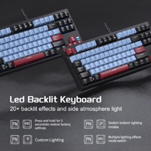 Compact 80 Percent Mechanical Gaming Keyboard, Wired tkl Mechanical Keyboard with Brown Switches, Ice Blue Backlit Keyboard 87 Keys for Windows Mac PC, Black Blue