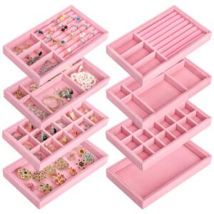 elsjoy 8 pack pink velvet jewelry tray, drawer insert jewelry organizer tray stackable jewelry storage holder, divided earring display trays for necklace, ring, bracelet, 4 styles