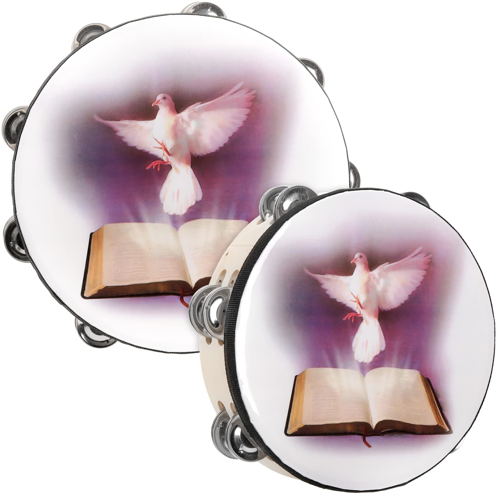 Elsjoy Set of 2 Tambourine, 10" and 8" Dove and Bible Church Tambourine with Double Row Jingle, Wooden Handbell Hand Clap Drum Percussion Instrument