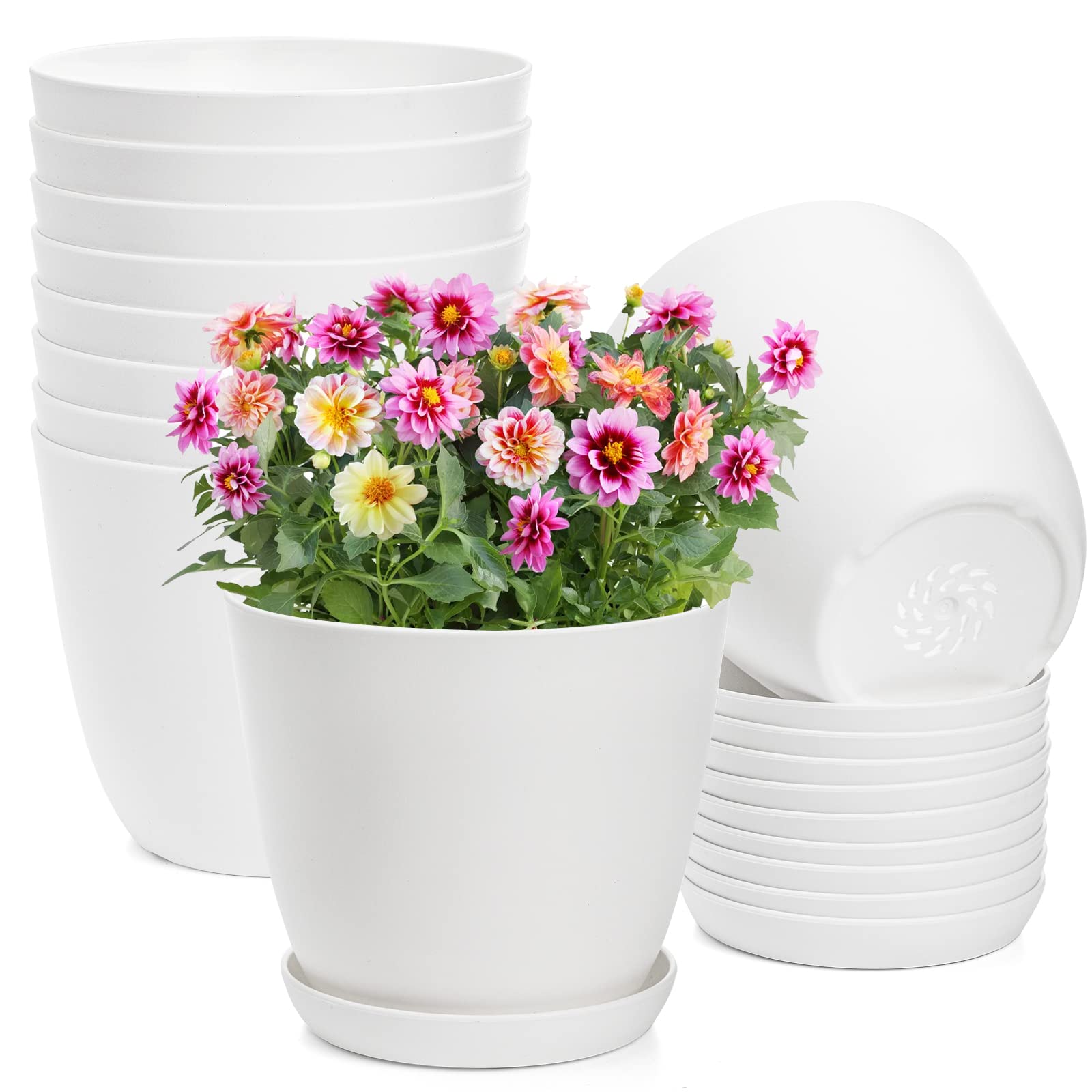 Elsjoy Set of 10 Plastic Planter Pots with Drainage Hole and Saucer, 6.5 Inch White Flower Pot Decorative Succulent Plant Pots for House Plants, Garden, Indoor & Outdoor