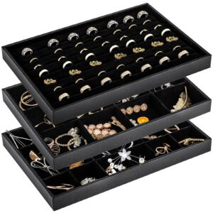 elsjoy set of 3 large black jewelry trays, 13.8" x 9.5" stackable velvet jewelry organizer tray drawer jewelry storage, divided ring organizer tray for necklace, earrings, bracelet