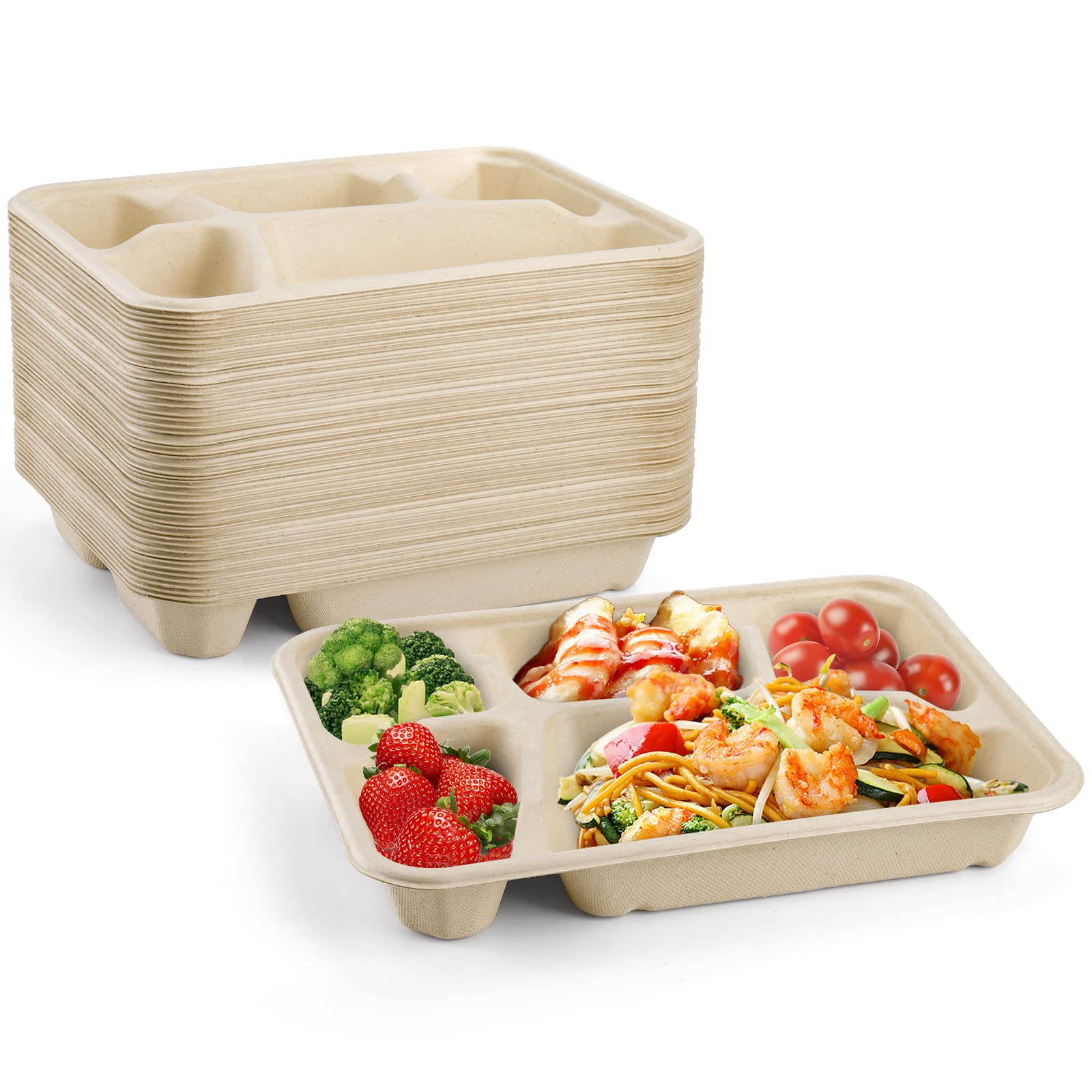 Elsjoy 50 Pack 5-Compartment Disposable Plates, 11" x 8" Compostable School Lunch Tray Divided Paper Plates, Eco-Friendly Sectional Plate Paper Tray for School, Party, Made of Sugar Cane Fiber