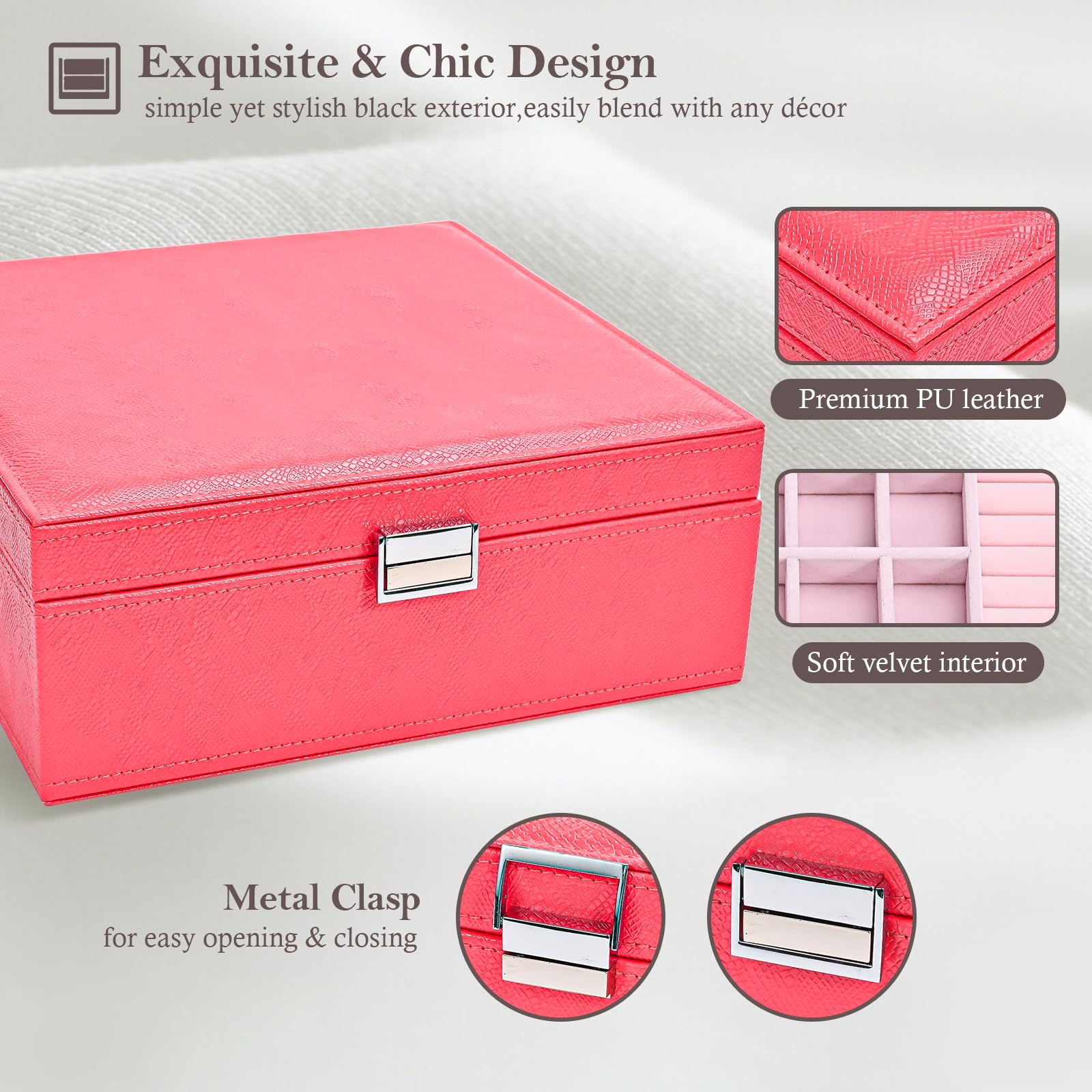 ProCase Jewelry Box for Women, 2 Layers Large Leather Jewelry Organizer Storage Case with Removable Pad for Earrings -Watermelonred