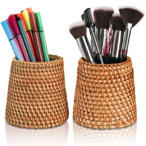 elsjoy set of 2 wicker pencil holder, natural woven rattan makeup brush holder, handmade office storage cups rustic kitchen utensil caddy for silverware cutlery, stationery, cosmetics, table decor