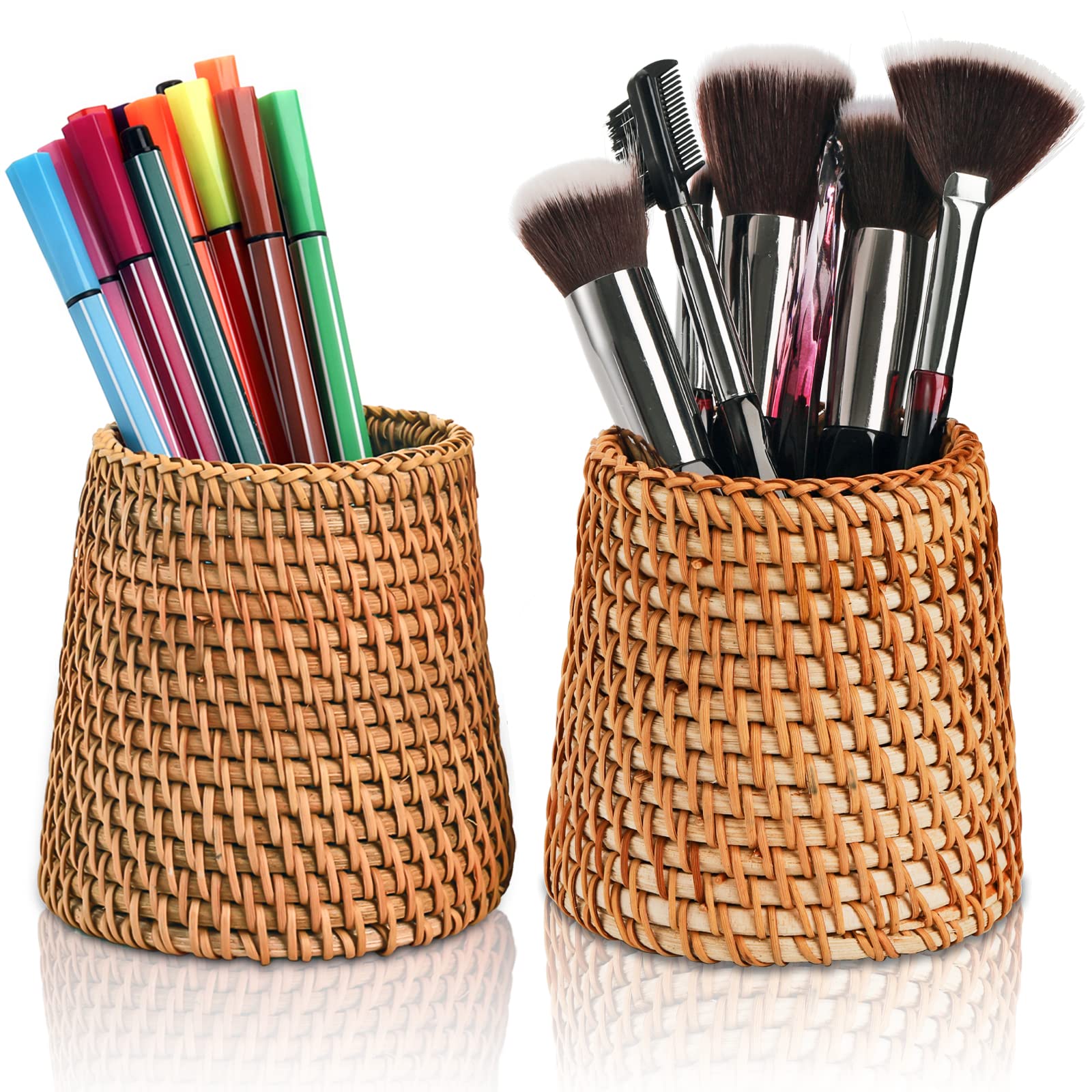 Elsjoy Set of 2 Wicker Pencil Holder, Natural Woven Rattan Makeup Brush Holder, Handmade Office Storage Cups Rustic Kitchen Utensil Caddy for Silverware Cutlery, Stationery, Cosmetics, Table Decor