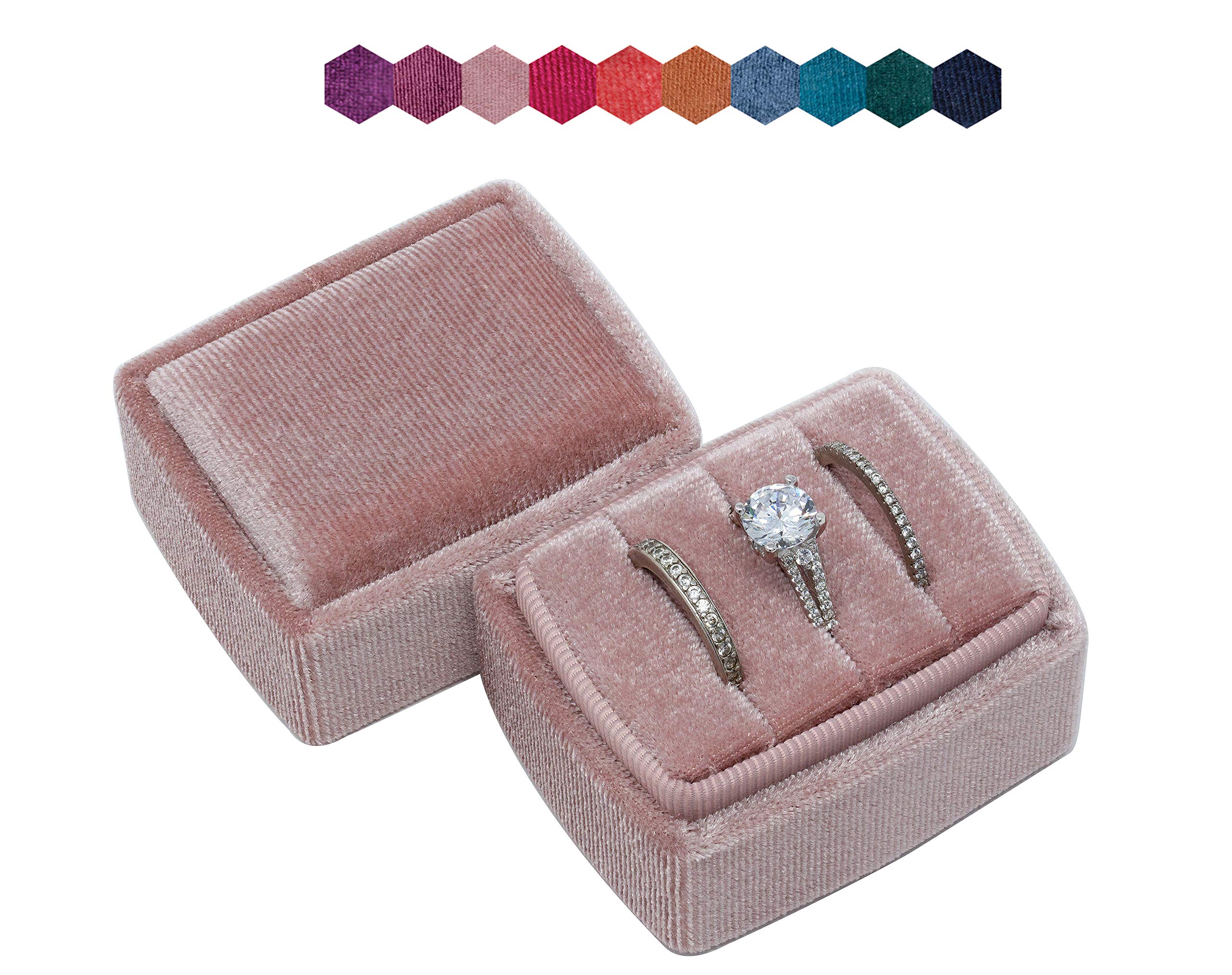 Beatrix & Luca 3 Ring Velvet Ring Box | Ring Holder | Jewelry | Proposal | Wedding | Ceremony | Engagement | Photography | Keepsake | Bridal Rectangle Triple (Dusty Rose Triple)