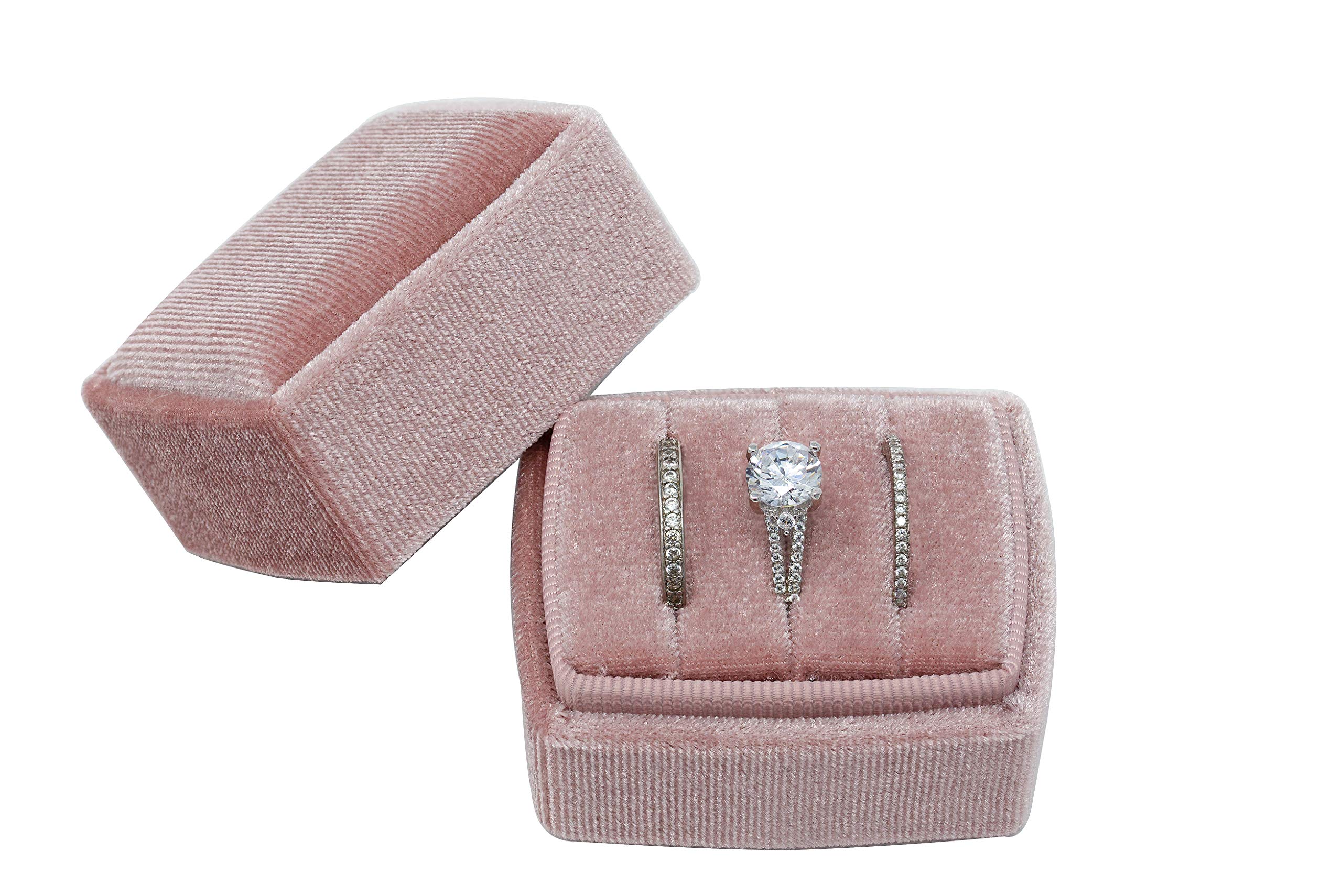 Beatrix & Luca 3 Ring Velvet Ring Box | Ring Holder | Jewelry | Proposal | Wedding | Ceremony | Engagement | Photography | Keepsake | Bridal Rectangle Triple (Dusty Rose Triple)