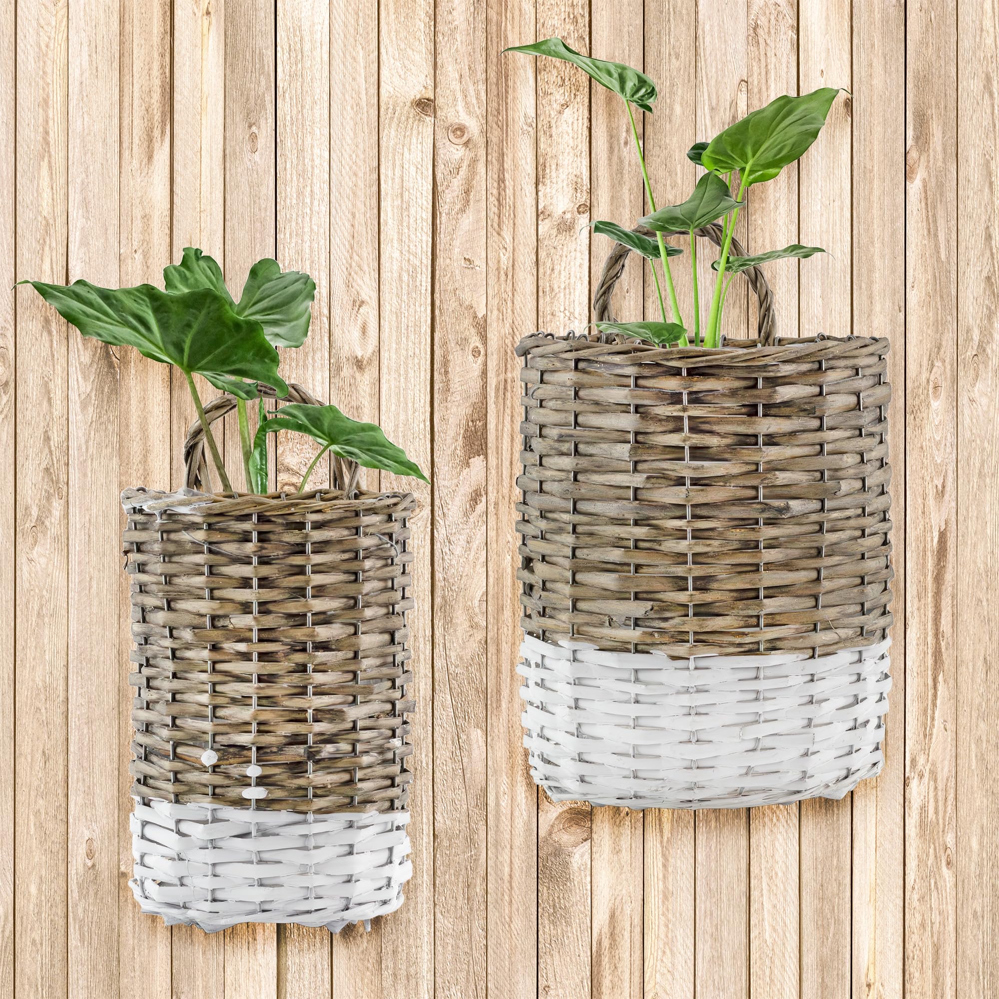 AuldHome Wall Hanging Baskets (Set of 2, Gray w/White); Woven WIcker Rustic Farmhouse Two-Tone Door Baskets, Small and Medium Size