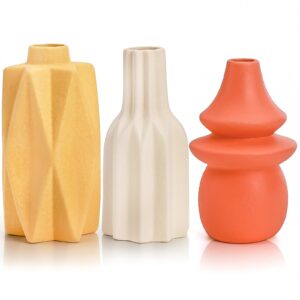 elsjoy set of 3 ceramic vase, decorative stoneware flower vase modern geometric vase, small terracotta bud vase for home decor, living room, table centerpieces