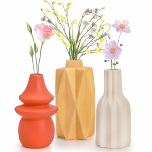 Elsjoy Set of 3 Ceramic Vase, Decorative Stoneware Flower Vase Modern Geometric Vase, Small Terracotta Bud Vase for Home Decor, Living Room, Table Centerpieces