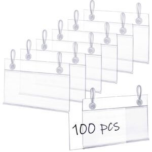 elsjoy 100 pack plastic wire shelf label holders, 4" x 2.3" clear price tag holder sign & ticket holder with double snap lock closure, reusable basket label holders for market, retail shop, pantry