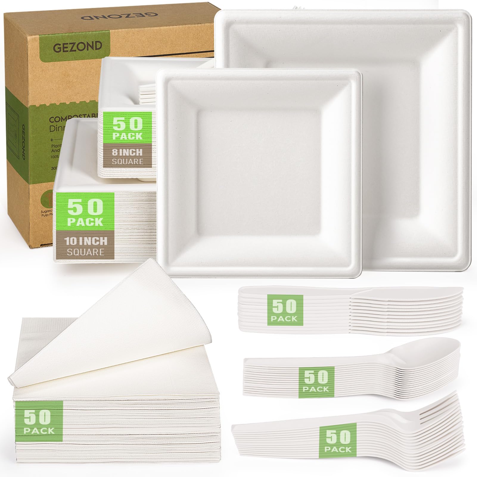 Gezond Compostable Paper Plates Set 300pcs Disposable Sugarcane Plates 10 Inch Eco-friendly White Square Plates with Napkins Biodegradable Heavy-duty Utensils for Party