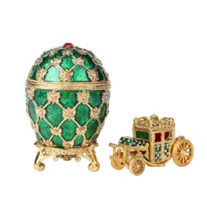 qifu vintage green faberge egg style jewelry trinket box with mini royal carriage, unique gift for easter collection