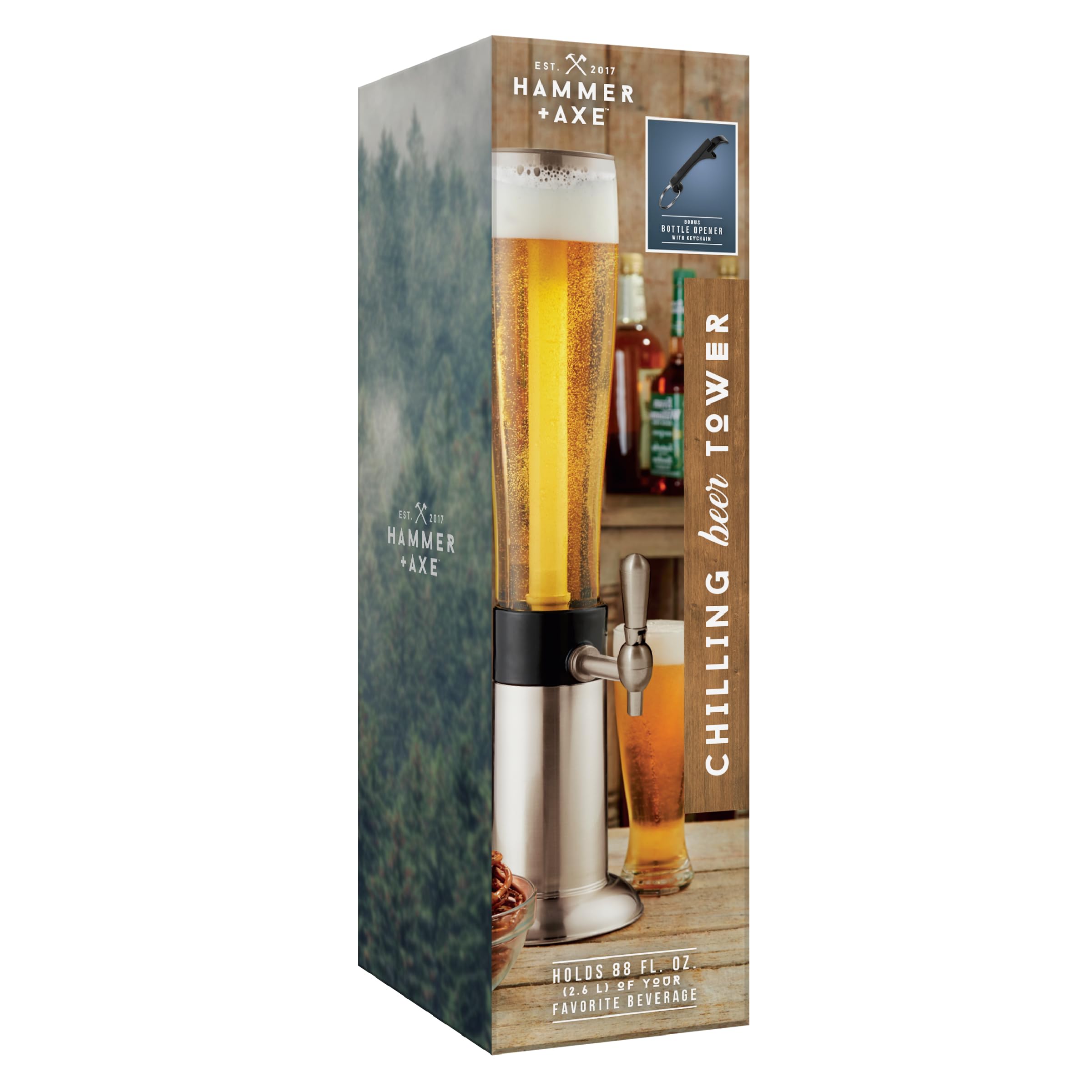 Hammer + Axe Drink Dispenser [2023 Amazon Exclusive] Pro-Pour Tap & Bottle Opener, 88 Fl Oz, Home Bar Party Accessory, Elegant Design, Portable Beverage Tower Server, Beer Liquor Margaritas Cocktails