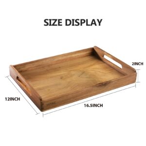 YSTKC Acacia Wood Serving Tray with Handles 16.5 Inches, Decorative Tray Food Drinks Trays Breakfast Tray Serving Tray Platter in Bed, Ottoman, Coffee Table, Party, Couch, Bar, BBQ, Lap