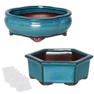 happy bonsai 5.7" 6.1" small glazed pots set of 2 + 6 soft mesh drainage screens