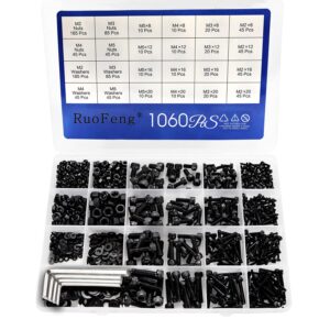 ruofeng black cylindrical head hexagon screw nut bolt set carbon steel m2 m3 m4 m5 cup head socket cap screws box 1060pcs with 4 small spanners