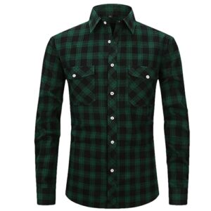 men's double pocket plaid flannel shirt long sleeve button down business formal chemise m512 us size xxl